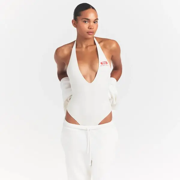 SKIMS Cotton Jersey Deep Plunge Halter Bodysuit