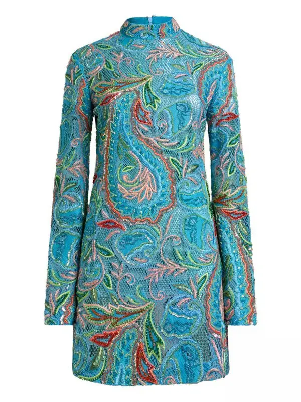 Etro Crochet-effect Paisley-embroidered Dress - Blue