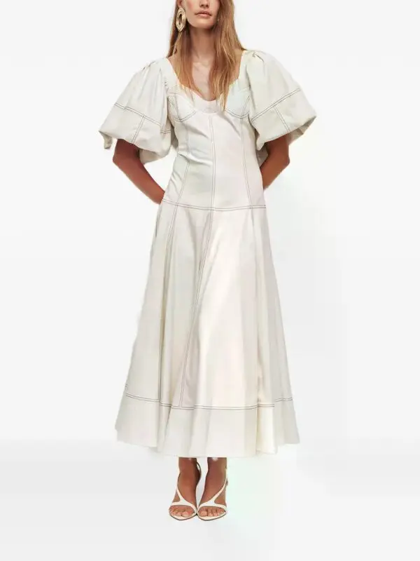 Aje Ether Puff-sleeve Topstitched Midi Dress