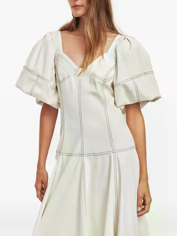Aje Ether Puff-sleeve Topstitched Midi Dress