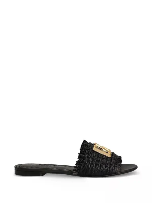 Dolce & Gabbana Woven Raffia Slippers With Fringe - Black