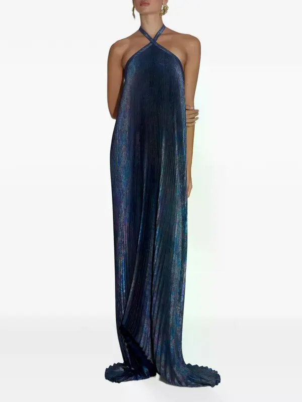 L'IDEE Deesse Pleated Halterneck Maxi Dress - Blue