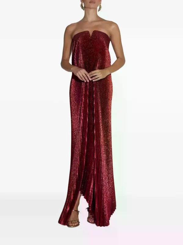 L'IDEE Black Tie Strapless Pleated Maxi Dress - Red