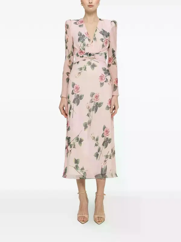 NISSA Floral-print Pearl Midi Dress - Pink
