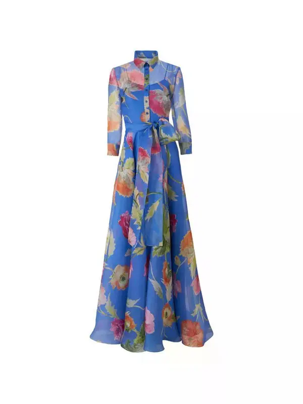 Carolina Herrera Poppy-print Organza Trench Gown - Blue