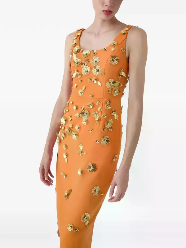 carolina herrera dress orange Floral Embellished Midi Dress