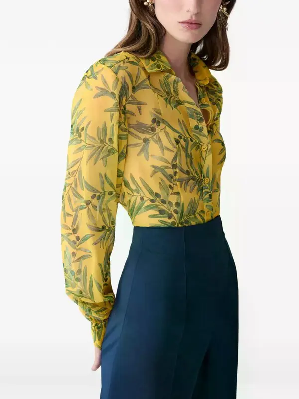 Carolina Herrera Olive Branch-print Silk Chiffon Shirt - Yellow