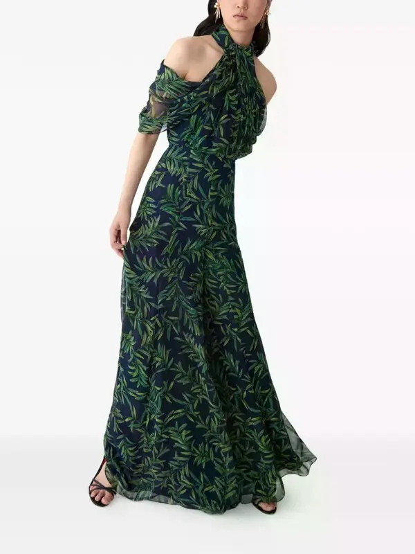 Carolina Herrera Olive Branch-print Wide-leg Pants - Blue