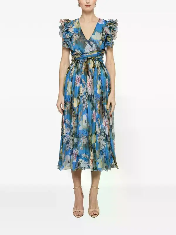 NISSA Ruffled Floral Print Midi Dress - Blue