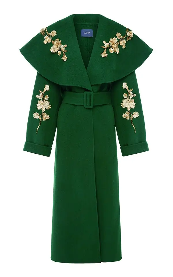 LEO LIN Joan Embellished Wool Coat - Dark Green