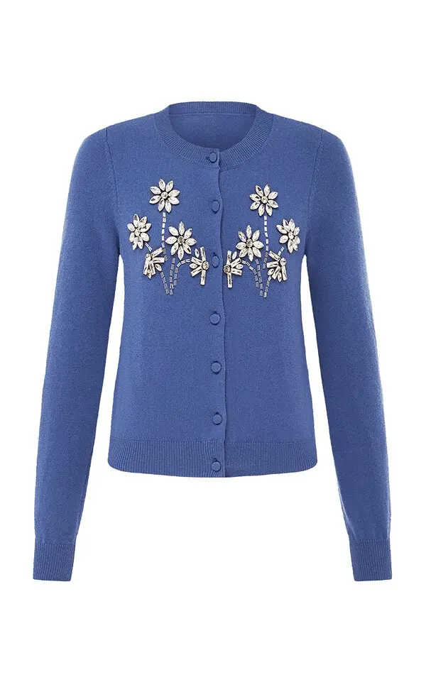 LEO LIN Claire Embellished Cashmere Blend Cardigan - Blue