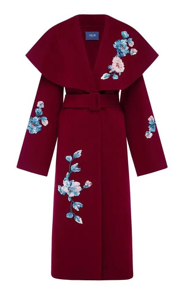 LEO LIN Joan Embroidered Wool Coat - Burgundy
