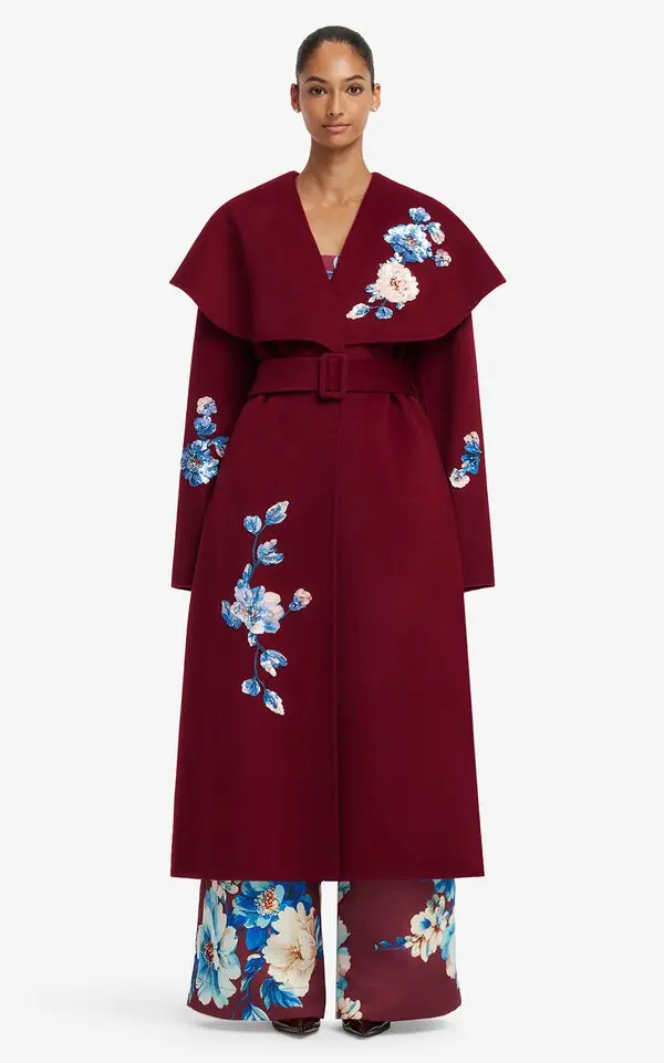 LEO LIN Joan Embroidered Wool Coat - Burgundy