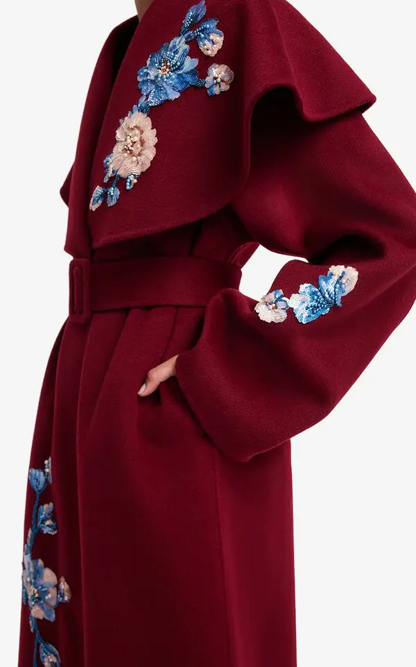 LEO LIN Joan Embroidered Wool Coat - Burgundy