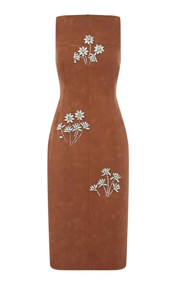 LEO LIN Eleanor Embellished Vegan Suede Midi Dress - Brown