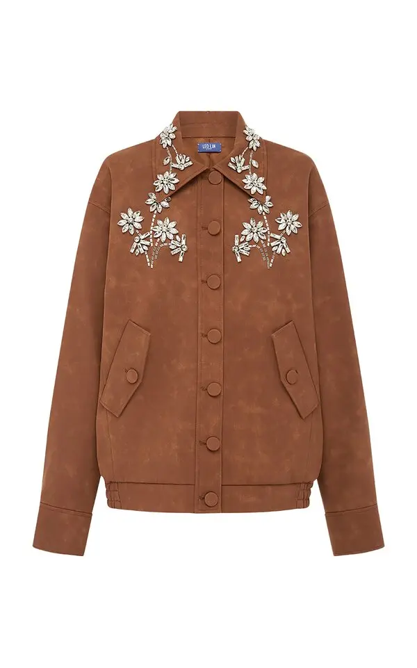 LEO LIN Astrid Embellished Vegan Suede Jacket - Brown