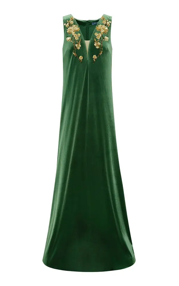 LEO LIN Agathy Embellished Velvet Gown - Dark Green
