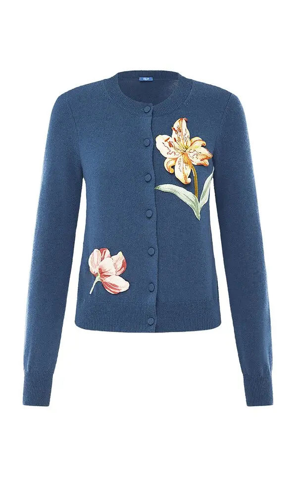 LEO LIN Claire Embroidered Wool Blend Cardigan - Blue