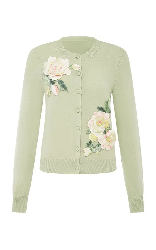 LEO LIN Claire Embroidered Wool Blend Cardigan - Green