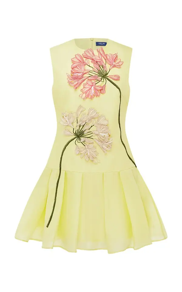 LEO LIN Petra Applique Silk Mini Dress - Yellow