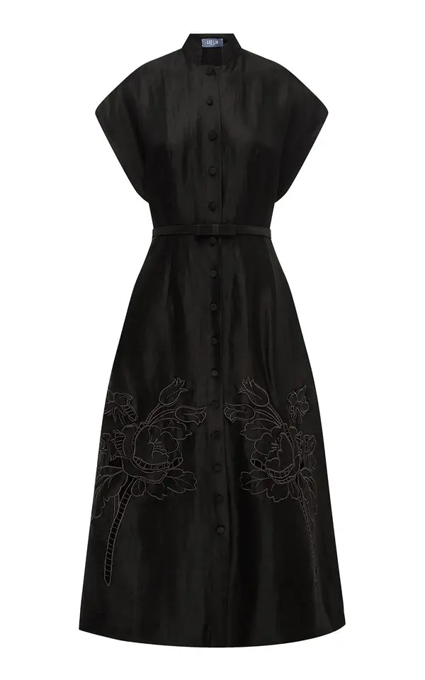 LEO LIN Aubrey Applique Shirt Midi Dress - Black