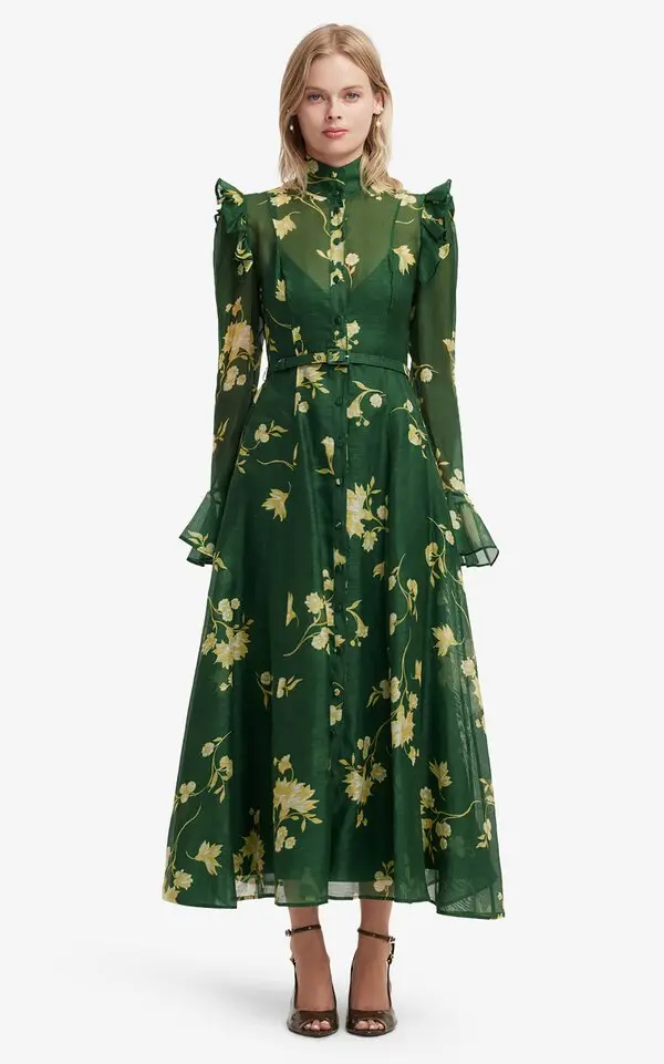 LEO LIN Katrina Linen Blend Midi Dress - Dark Green
