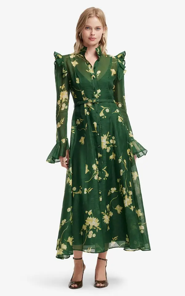 LEO LIN Katrina Linen Blend Midi Dress - Dark Green