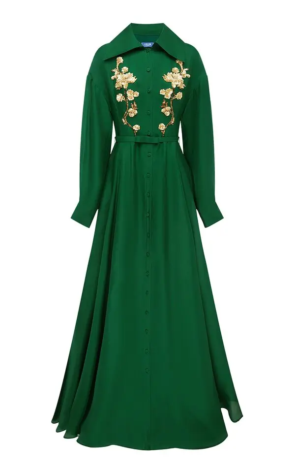 LEO LIN Josephine Embellished Silk Gown - Dark Green