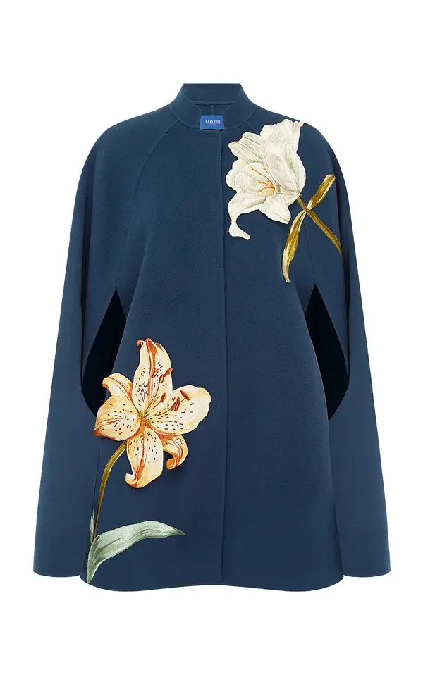 LEO LIN Sloane Embroidered Wool Cape Jacket - Blue
