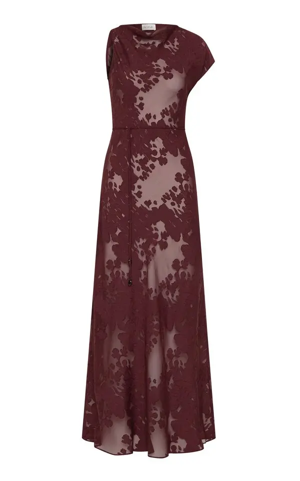 ROAME Capri Asymmetrical Sheer Maxi Dress - Burgundy