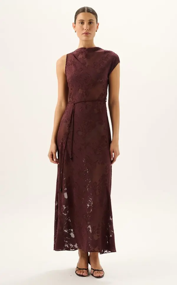 ROAME Asymmetrical Sheer Maxi Dress