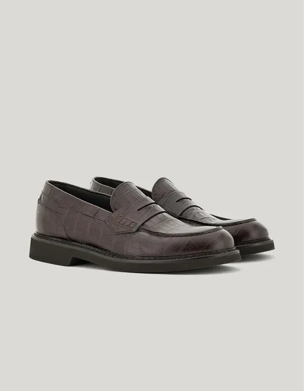 Canali Dark College Moccasin Loafers In Crocodile Print Calfskin With Covering - Brown