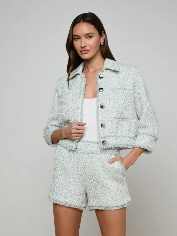 L'Agence Jia Fringed Tweed Jacket - Light Blue/ivory Chevron