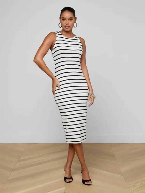 L'Agence Nura Racerback Midi Dress - Ivory/black Stripe