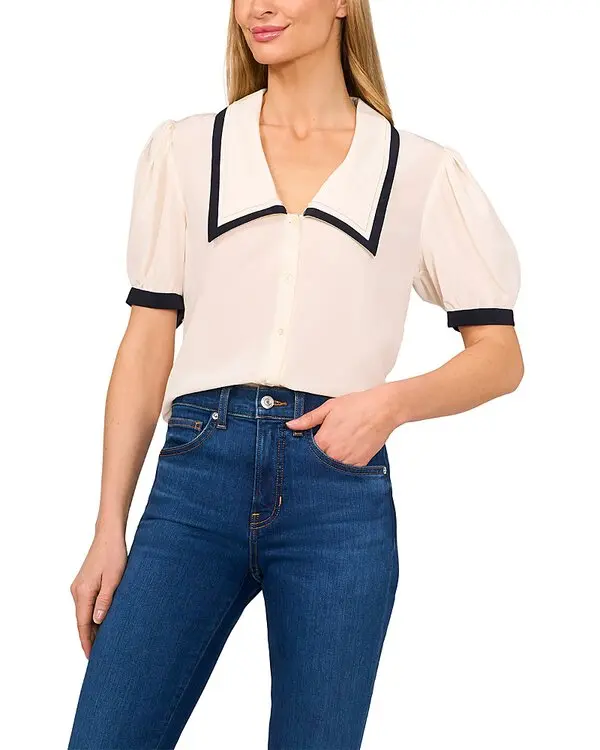CECE DUPRAZ Puff Sleeve Point Collar Top - Eggnog