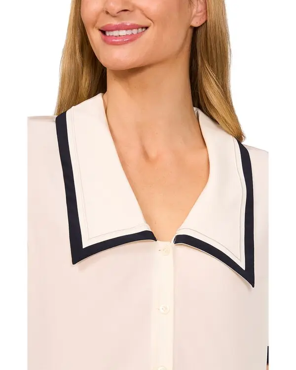 CECE DUPRAZ Puff Sleeve Point Collar Top - Eggnog