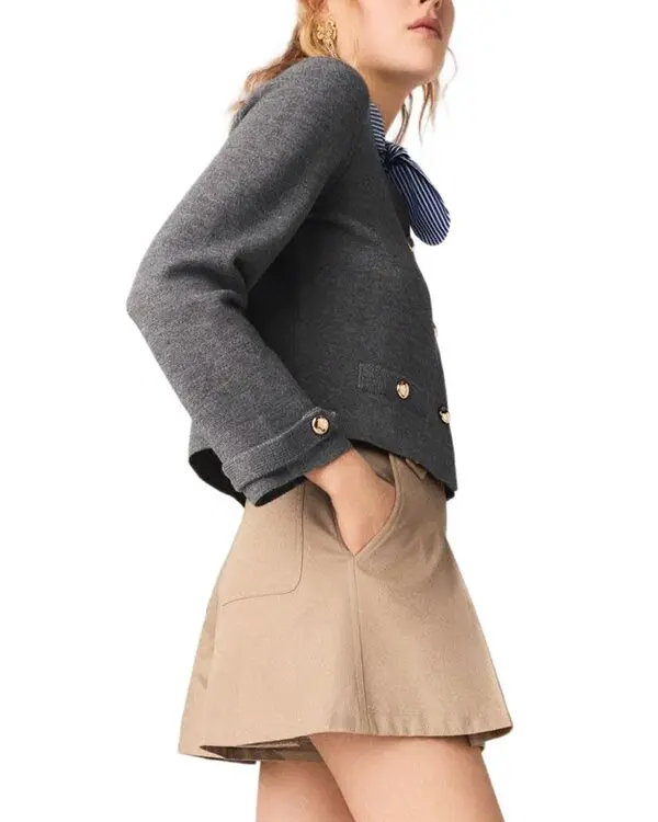 Maje Cropped Cardigan With Removable Striped Collar - Light Grey