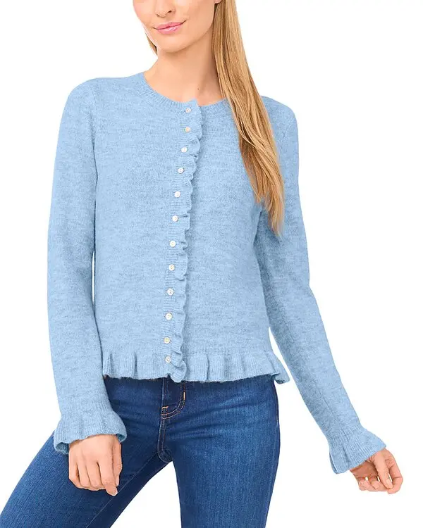 CECE DUPRAZ Long Sleeve Ruffle Edge Cardigan Sweater - Blue Heather