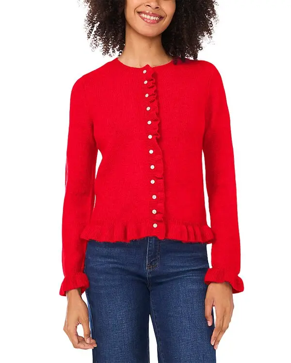 CECE DUPRAZ Long Sleeve Ruffle Edge Cardigan Sweater - Bright Cherry