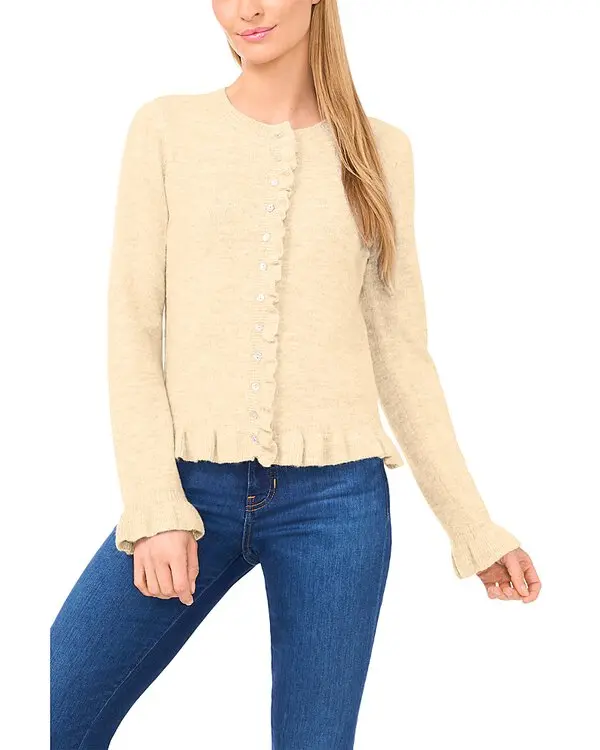 CECE DUPRAZ Ruffle Edge Long Sleeve Cardigan Sweater - Butter Cream