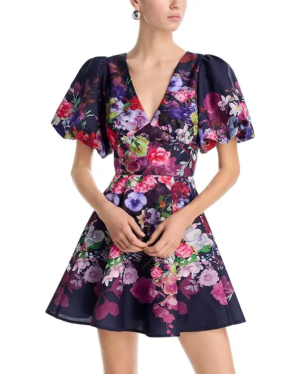 Aqua Floral V-neck Mini Dress - Navy Multi