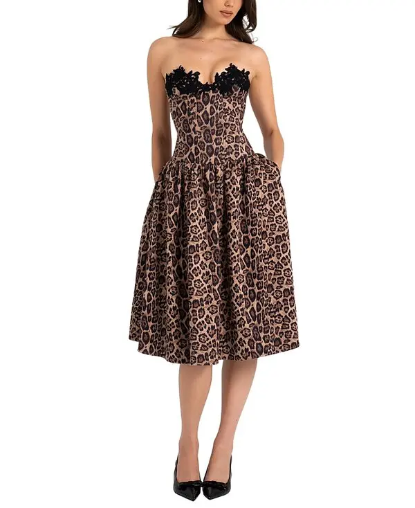 MISS CIRCLE Uchenna Cheetah Print Stretchy Strapless Midi Dress - Brown