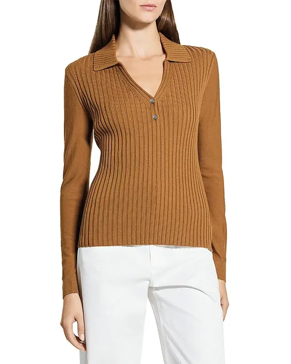 Theory Merino Wool Ribbed Sweater - Dark Cognac