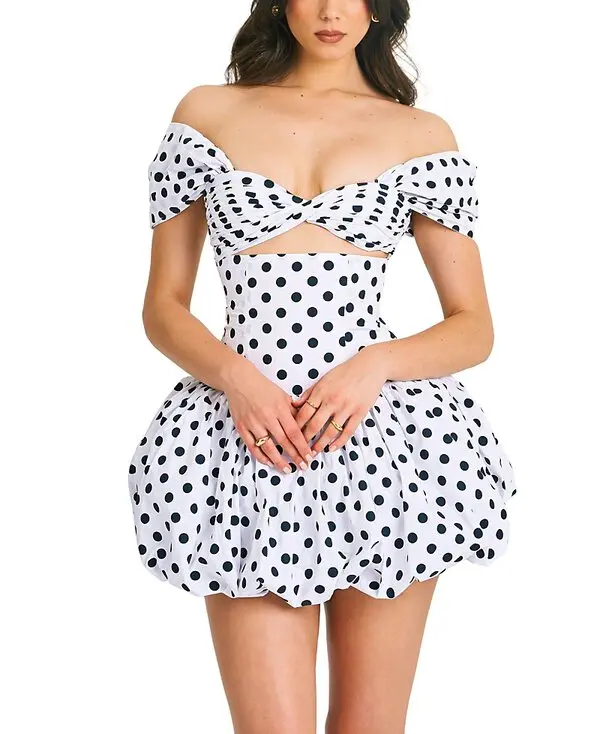 MISS CIRCLE Umika Off Shoulder Polka Dots Bubble Hem Mini Dress - White