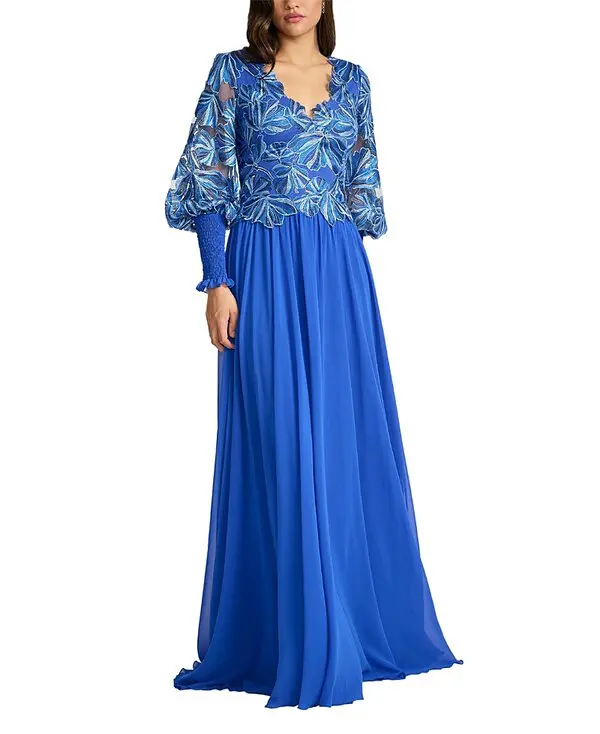 Tadashi Shoji Dansby Embroidered Bishop Sleeve Gown - Blue Lagoon