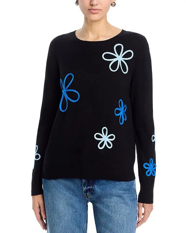 T Tahari Crewneck Floral Applique Pullover Sweater - Black/ Multi