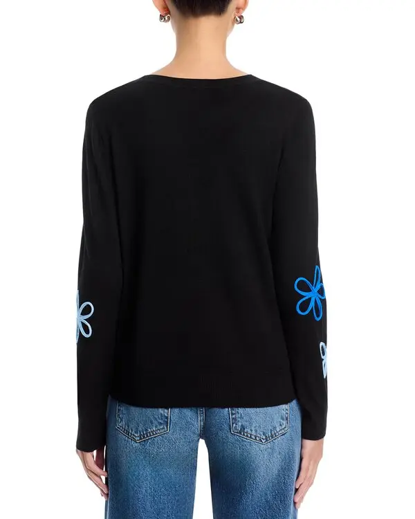 T Tahari Crewneck Floral Applique Pullover Sweater