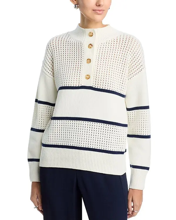 T Tahari Long Sleeve Half Button Down Mock Neck Stripe Pullover Sweater - White Star