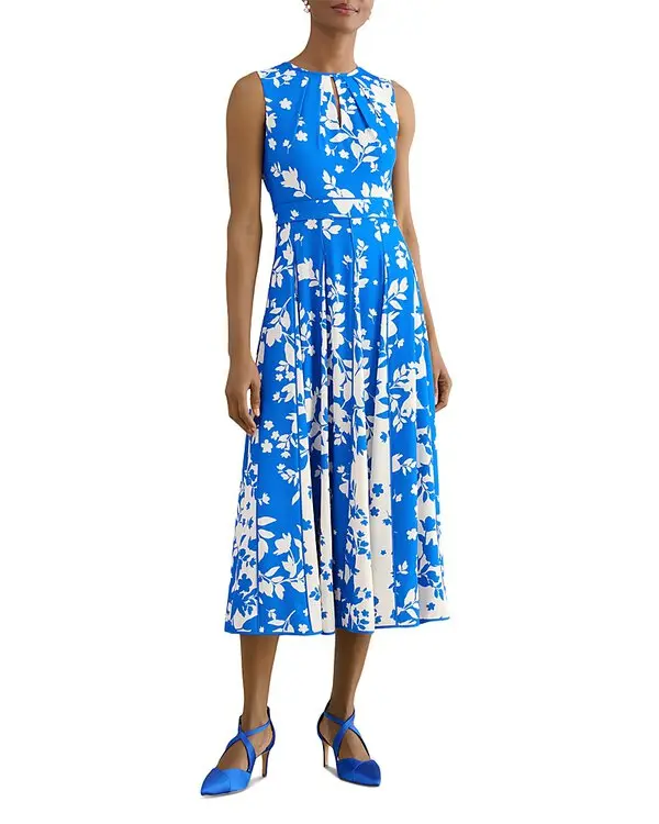 HOBBS LONDON Petites Angelica Floral Keyhole Neck Midi Dress - Blue Cream