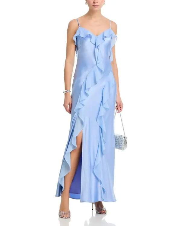Aqua Long Satin Ruffled Gown